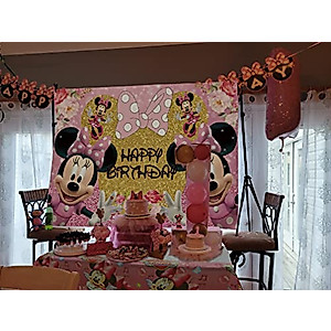 Pink Backdrop and Tablecloth for Girls Birthday Party Decorations Cartoon Birthday Party Photography Background Banner with Table Cover for Girls Party Supplies 5x3FT