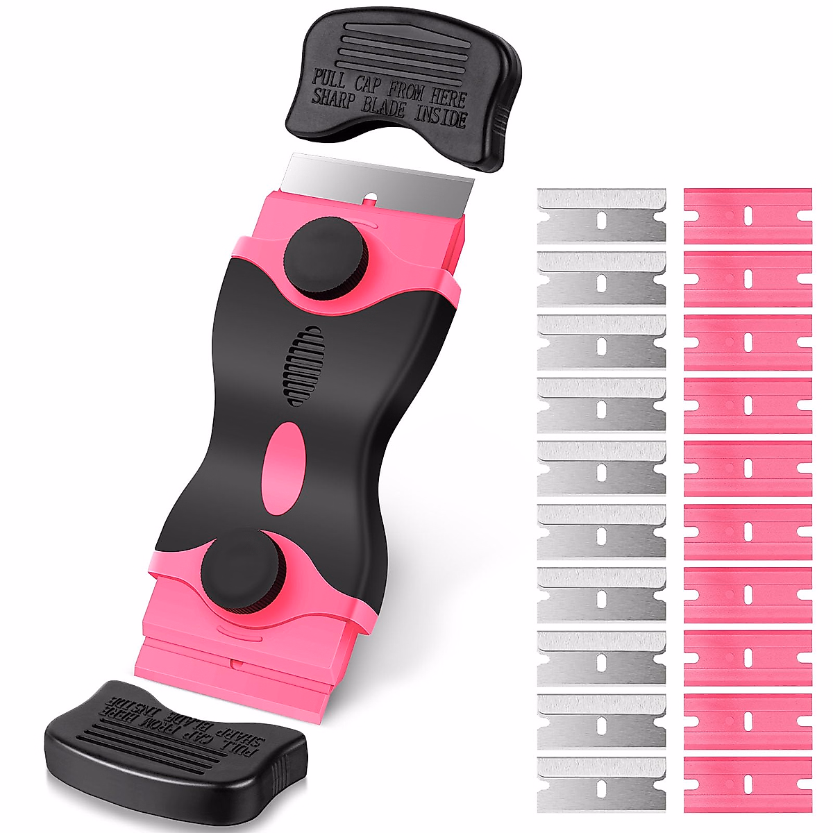 Ainiv Razor Blade Scraper, 2-in-1 Scraper Tool with 10PCS Metal Blades and 10PCS Plastic Blades, Multi-funtional Cleaning Razor Scraper for Decals, Stickers, Labels, Caulk, Adhesive Removal(Pink)
