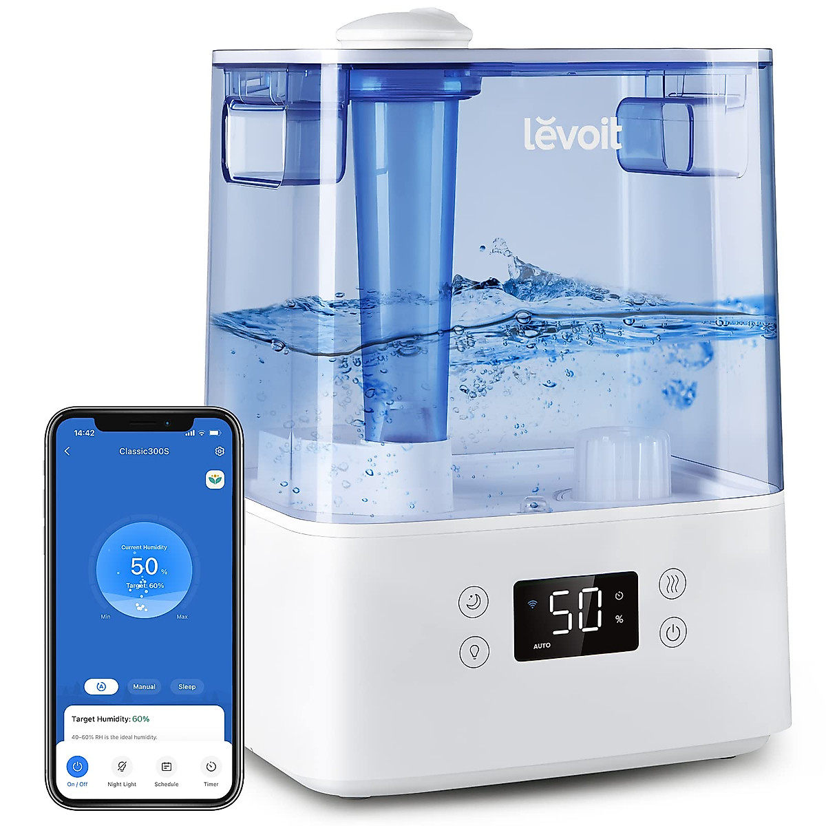 LEVOIT Classic300S Ultrasonic Smart Top Fill Humidifier, Extra Large 6L Tank & Humidifiers for Bedroom Large Room, 3L Cool Mist Top Fill Oil Diffuser, White