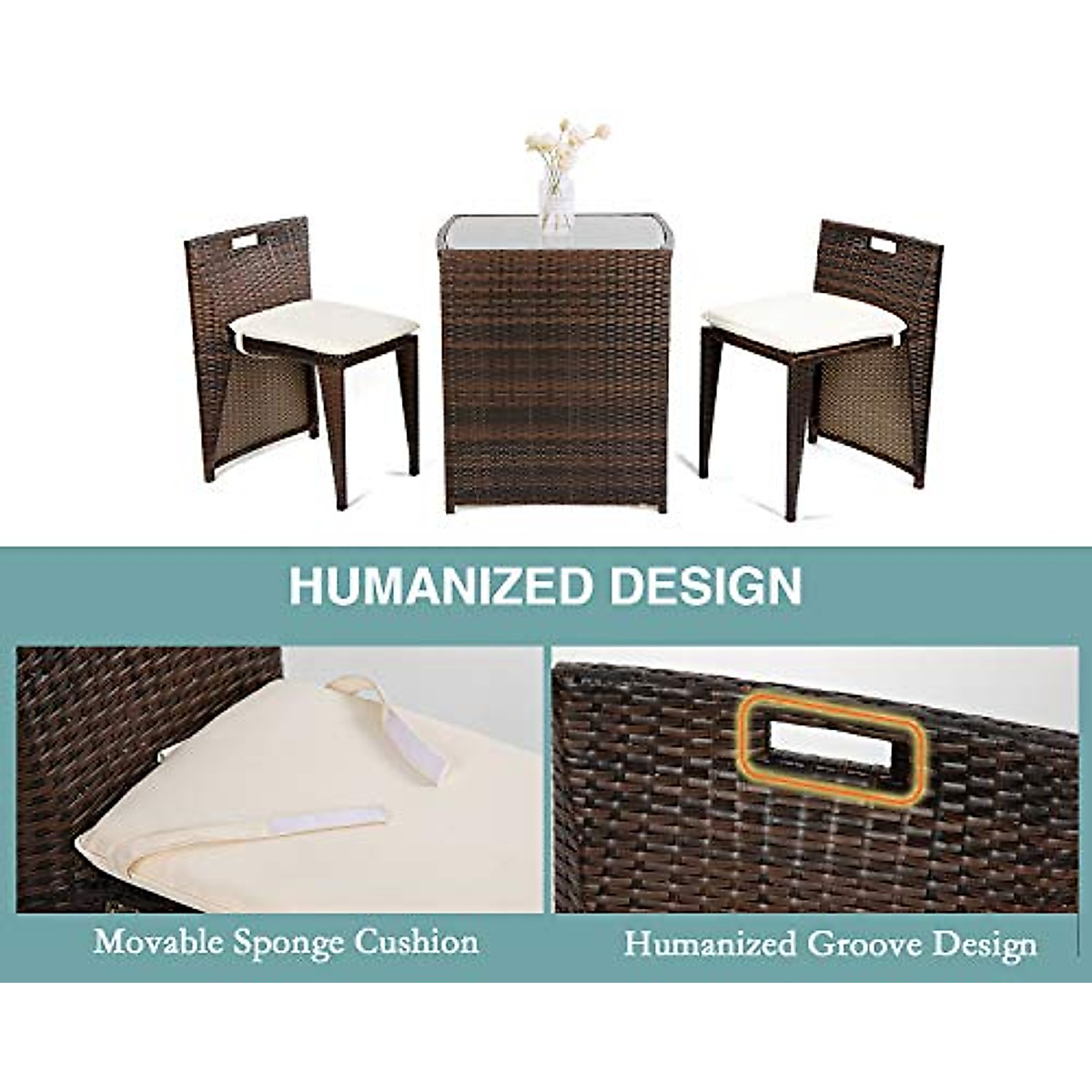 FDW Patio Set 3 Pieces Outdoor Wicker Patio Furniture Sets Wicker Bistro Set Rattan Chair Conversation Sets Patio Sofa Wicker Table Set for Yard Backyard Lawn Porch Poolside Balcony,Brown