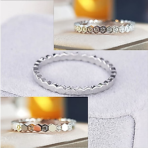 Detail 18K Plated Platinum/Rose Gold Cute Bee Honeycomb Ring Minimalist Women's Geometric 3PCS Set Shiny Cubic Zirconia Diamond Hexagonal Ring Wedding Anniversary Eternity Ring (8#, Platinum)