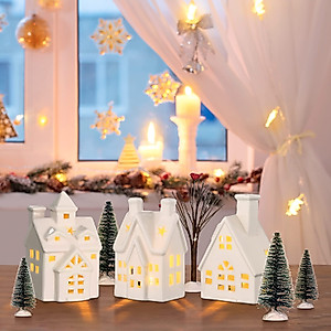 9 Piece Miniature Christmas Village with LED Lit Porcelain Houses, Figurines, Trees, Fences and Accessories