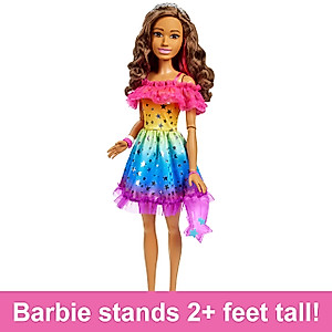 Barbie Large Doll with Brown Hair, 28 Inches Tall with Rainbow Dress & Styling Accessories Like Shooting Star Handbag