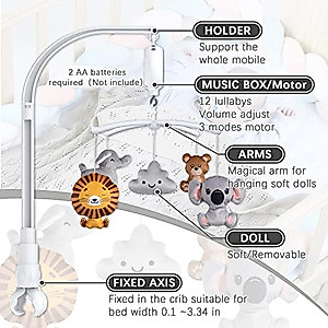 FEISIKE Baby Mobile for Crib with 3 Modes Musical Box,Volume Control,12 Lullabies,Animal Nursery Crib Toys for Newborn Ages 0 and Older,23 Inches Baby Mobile Arm Clip on