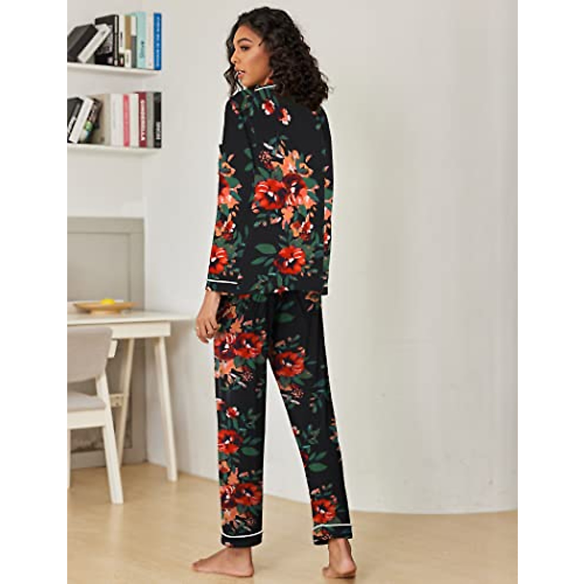 Ekouaer Long Sleeve Silk Pajama Set for Women Longs Comfy Sleepwear Button Down Pjs Winter,Floral Brown Black,Medium