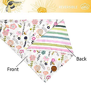 CROWNED BEAUTY Spring Dog Bandanas Reversible Large 2 Pack, Flower Plants Set, Plaid Stripes Adjustable Triangle Holiday Scarves for Medium Large Extra Large Dogs Pets DB41-L