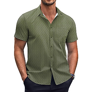 COOFANDY Mens Polka Dot Printed Shirt Short Sleeve Buton Down Casual Summer Party Dress Shirt Army Green