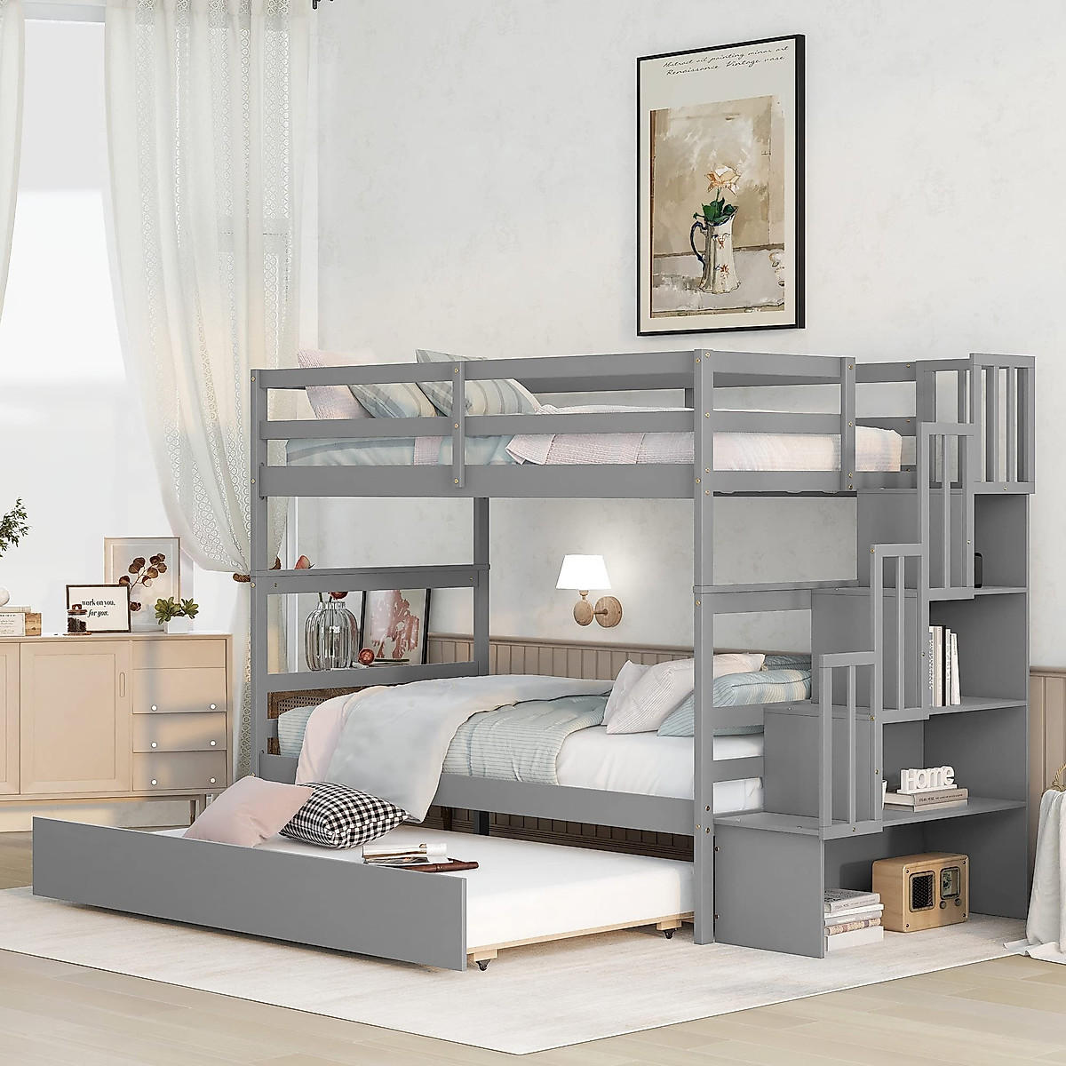 Harper & Bright Designs Stairway Bunk Bed Twin Over Twin with Trundle,Detachable Bunk Beds Twin Over Twin with Stairs,Wood Twin Bunk Beds with Storage Shelves for Kids Teens Girls Boys, Grey