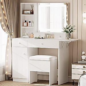 LIKIMIO Vanity Desk with Drawers & LED Lighted Mirror & Power Outlet & Cabinet, Storage Stool, Stylish Bedroom Makeup Table Set, White