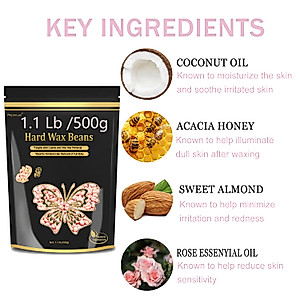 Auperwel Wax Beads for Hair Removal, 1.1LB Painless Salon Hard Wax Beans for Bikini, Eyebrow Facial, At Home Pearl Waxing Beads for Sensitive Skin with 20 Spatulas for Women Men(Rose)