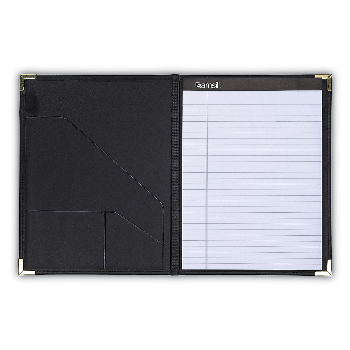 Samsill Classic Business Padfolio, Executive Portfolio, Black Faux Leather, Brass Corners, Resume Document Organizer, Holds 8.5 x 11” Writing Pad, Pen Loop