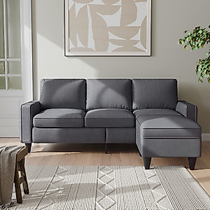 Lonkwa L-Shaped Couch Couches for Living Room, Convertible Sectional Sofa with Storage Ottoman, 3-Seat Grey Sectional Sofas for Living Room/Bedroom/Office/Small Space