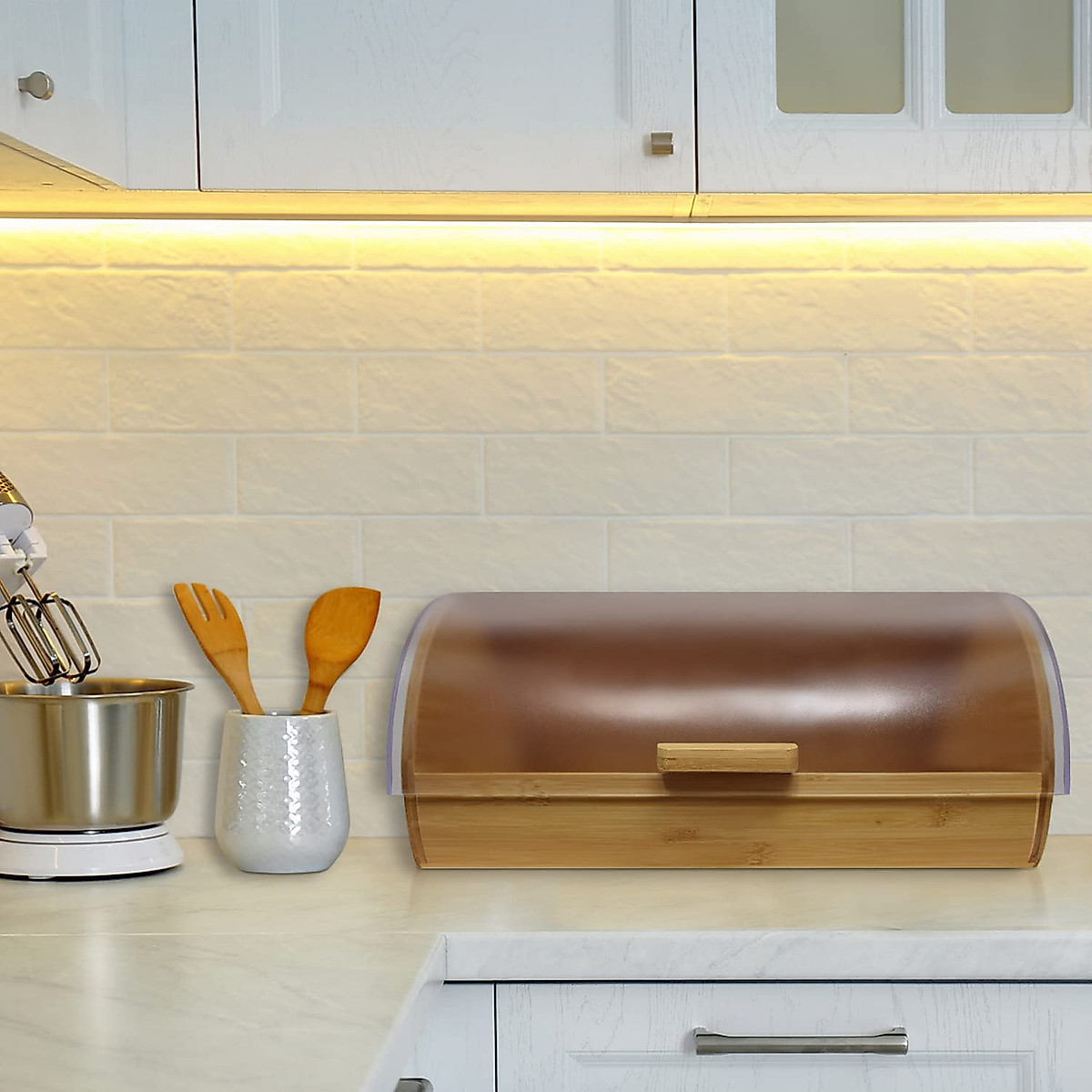 Bread Box, Bamboo, Large Storage, Acrylic Easy Glide Cover with Handle