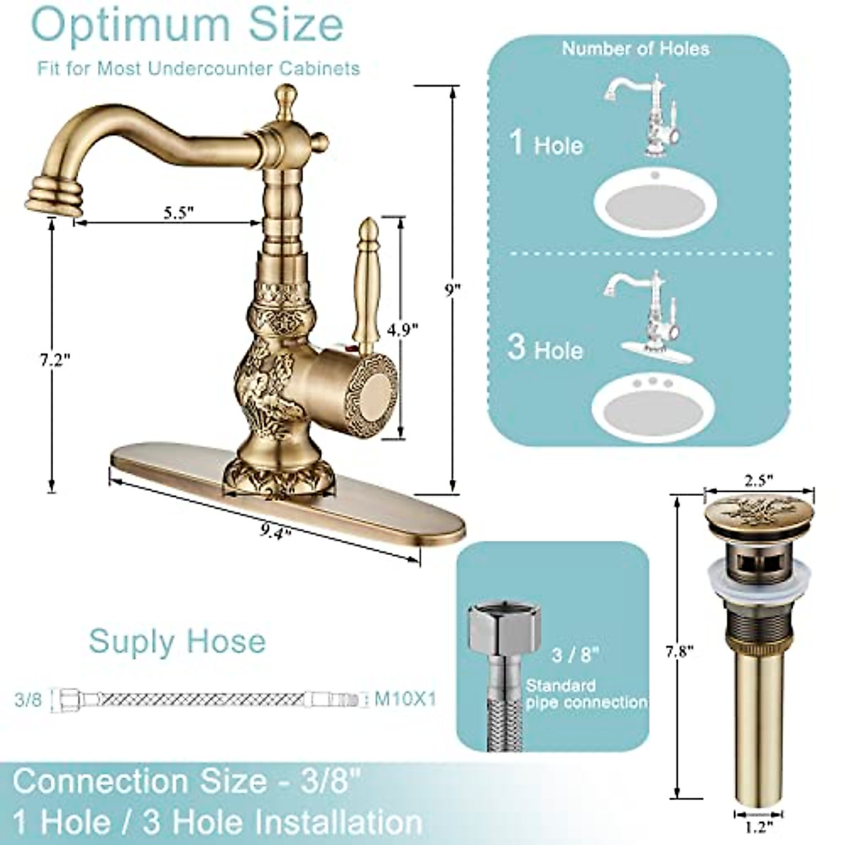 Senlesen Antique Brass Swivel Spout Bathroom Faucet Vanity Sink Mixer Tap and Pop Up Drain with Overflow