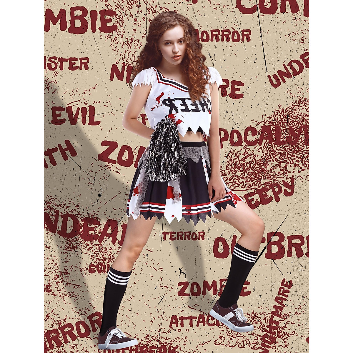 Xtinmee Halloween Zombie Cheerleader Costume for Women Girls Scary Cheerless Bloody Dress Pom Poms Hair Ropes Striped Socks (XL)