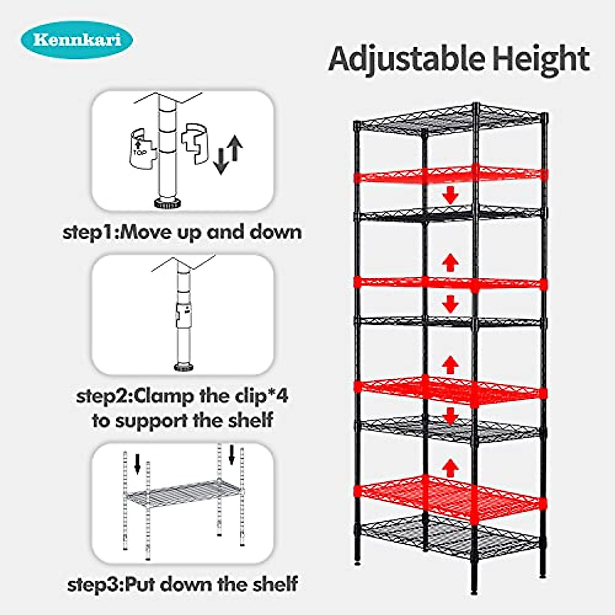 Kennkari 5 Tier Adjustable Metal Shelf Organizer Rack for Pantry/Laundry/Bathroom/Kitchen/Dorm, 3 Tier Small Interlocking Wire Storage Shelves, Free Standing Shelving Unit