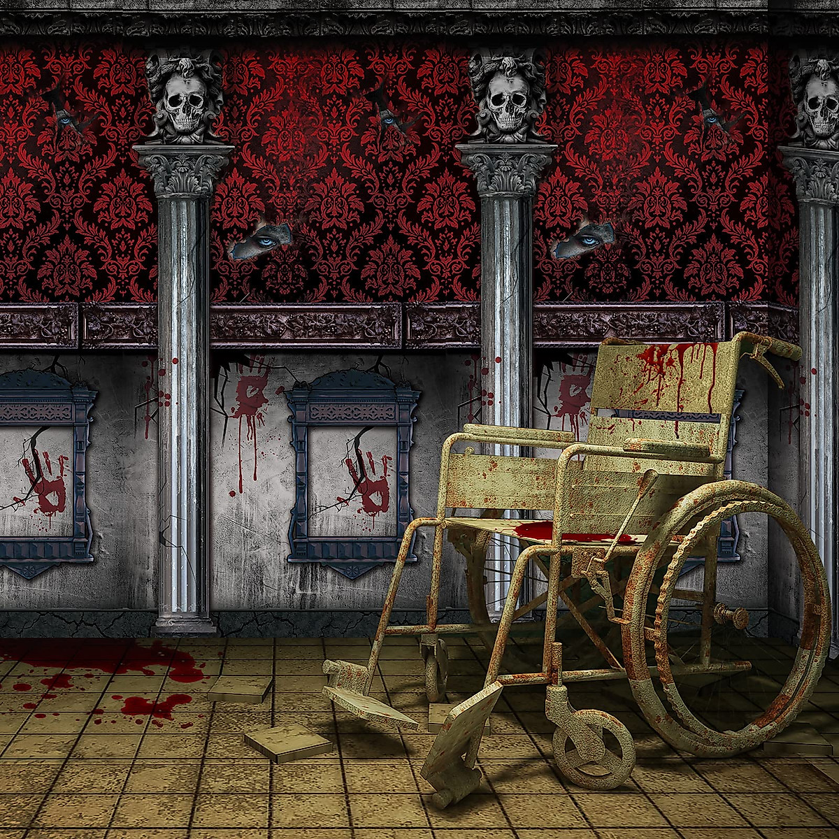 6Pcs Halloween Gothic Mansion Backdrop Decoration, Plastic Halloween Gothic Mansion Room Scene Setters Photography Background Wallpapers for Halloween Haunted House Party Decoration, 54×108 inches