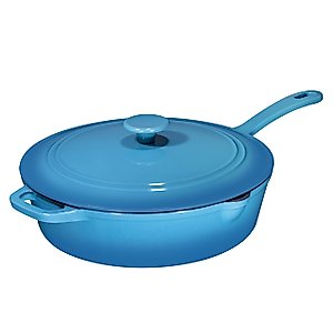 Bruntmor 5 Qt Turquoise Enamel Cast Iron Sauté Pan With Lid, 5 Quart Oven Safe Cast Iron Skillet, Cast Iron Grill Pan Set, Nonstick Cookware And Bakeware For Casserole Dish