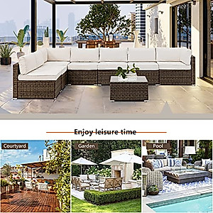 HOMPUS 8-Piece Outdoor Handwoven PE Rattan Wicker L-Shaped Corner Conversation Set Furniture Brown Patio Sectional Sofa Set w Beige Seat Cushions, Glass Coffee Table for Garden,Backyard,Pool