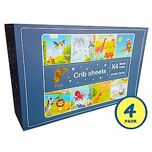Crib Sheet Set Premium 4 Pack Colorful, Soft Breathable Cotton & Tencel,, Fade Resistant, Fitted Standard Baby/Toddler Mattress Sheets, Gift Set for Baby Boys/Girls