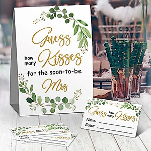 How Many Kisses Bridal Showers Game Sign and Cards, Eucalyptus Leaf Bride Shower Party, Guess how many Kisses for the soon to be Mrs, Golden Bride Shower Suit (1 Sign+50 Cards)