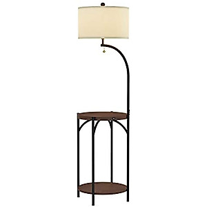 MDYBF Floor Lamp with Table, Modern Rustic Side Table with USB Charging Port, LED Bulb and Drum Shade. (Dark Brown, Black and Off-White)