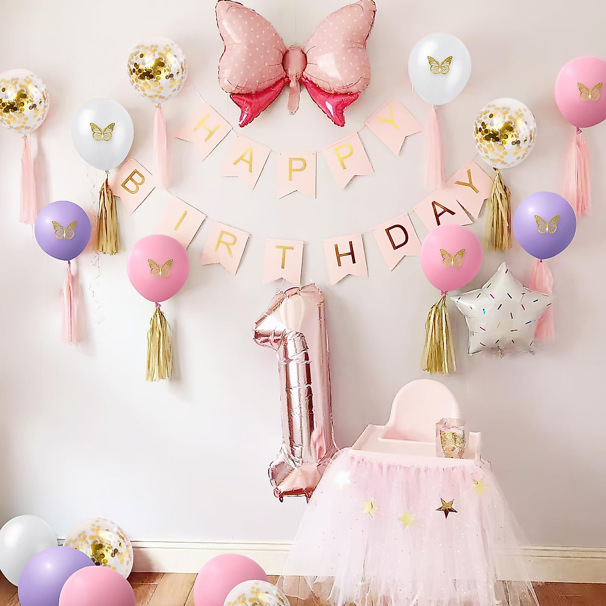 Pink Purple White Latex Balloons with Gold 3D Butterfly, 62pcs 12 Inch Light Pink Purple Gold Confetti Party Balloons with Ribbon for Girl Birthday Baby Shower Decorations (Gold series)