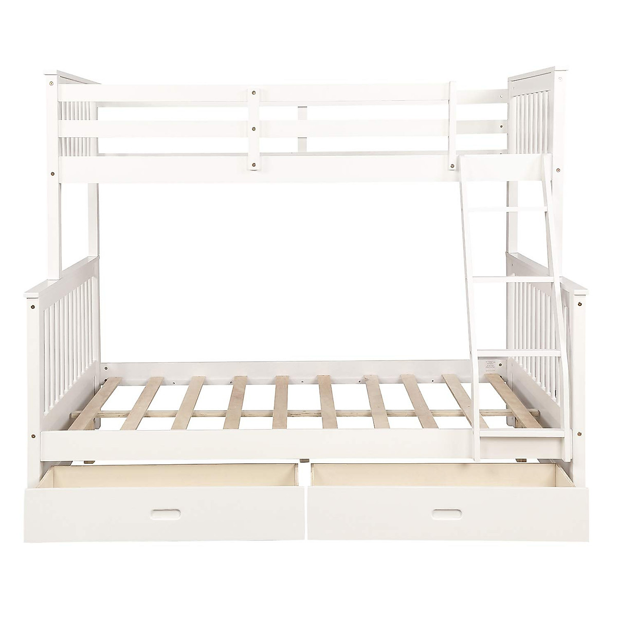 DS-HOMEPORT Twin Over Full Bunk Bed with Two Storage Drawers, Wooden Bunk Beds Frame w/Safety Guardrail ＆ Ladder, Soild Wood Space-Saving Bunkbed for Bedroom Kids Teens Adults(White)