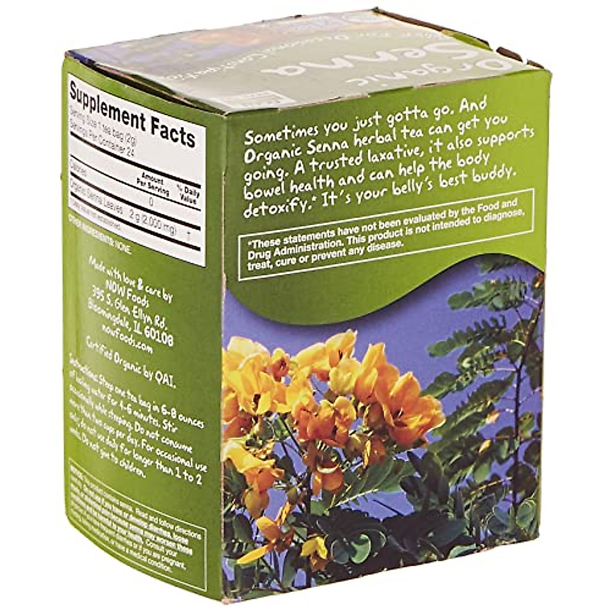 NOW Foods, Certified Organic Senna Tea, Caffeine Free, Relieving, Non-GMO, Premium Unbleached Tea Bags with No-Staples Design, 24-Count (Pack of 2)