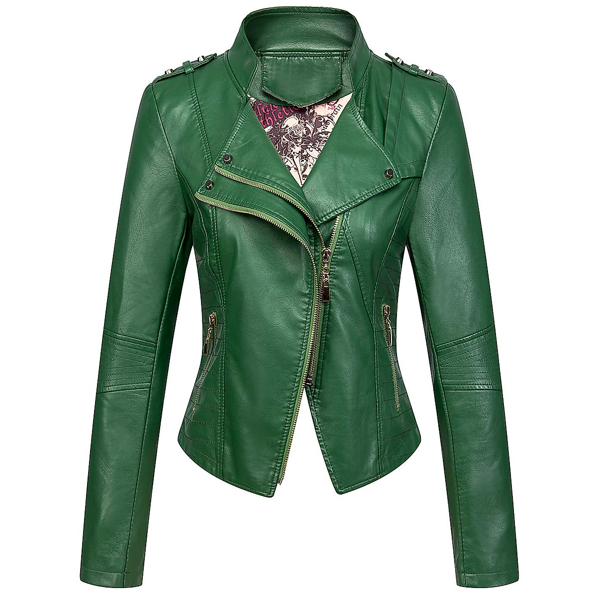 chouyatou Women's Candy Color Asymmetric Zip Slim Faux Leather Cropped Moto Jacket (X-Large, Green)