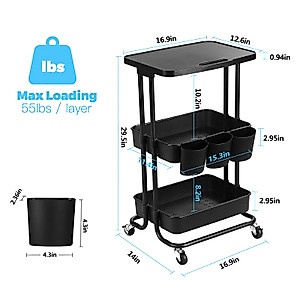 johgee Multifunctional Rolling Cart, Black, Portable, Sturdy, 17"L x 12.6"W x 29.5"H