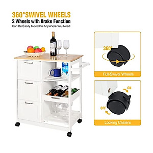 AKVOMBI Rolling Kitchen Island Cart with Wood Countertop, White Kitchen Trolley Carts on Wheels with 3 Drawers, Towel Rack, Adjustable Shelves