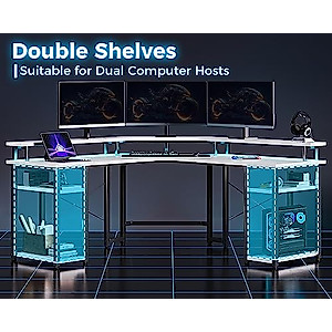 Coleshome L Shaped Gaming Desk with LED Lights & Power Outlets, Reversible 56" Computer Desk with Full Monitor Stand & Storage Shelves, Ergonomic Home Office Corner Desk, White