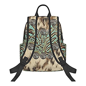 SWEET TANG Rustic brown teal western country tooled leather Backpack Lightweight Backpack for College Travel Work for Men and Women