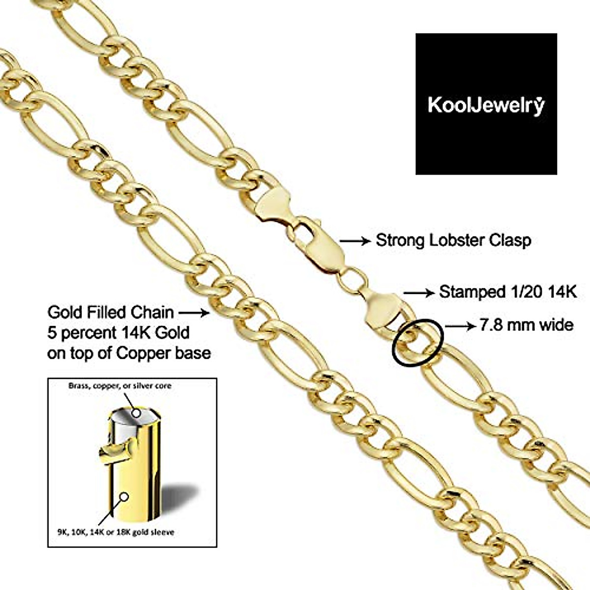 Kooljewelry 14k Yellow Gold Filled Solid Figaro Link Chain Necklace (7.8 mm, 24 inch)