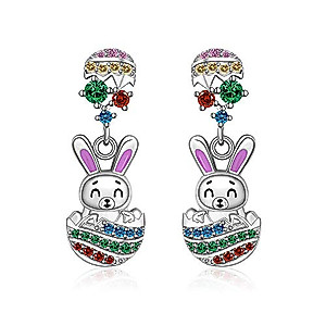Easter Bunny Earrings Earring S925 Sterling Silver Cute Dangle for Women Colorful CZ Animal Egg