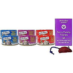 Fussie Cat Food Tuna Formula - in Goat Milk Gravy - 3 Flavor 6 Can Sampler Variety - (2) Each: Anchovies, Chicken, Salmon (2.47 Ounces) - Plus Catnip Toy and Fun Facts Booklet Bundle