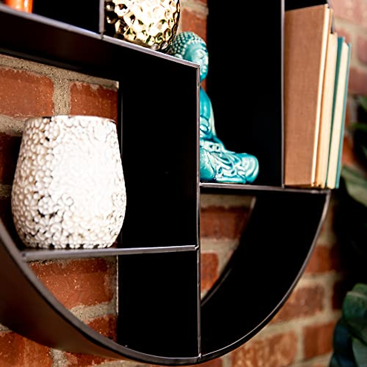 Urban Trends Collection Round Black Wall Shelf, Floating Metal Shelves Wall Decor with 7 Slots, and 2 Keyhole Hangers for Bathroom, Room, Bedroom, Kitchen, TV, Home, Size: 25.50"x4.50"x25.50"H