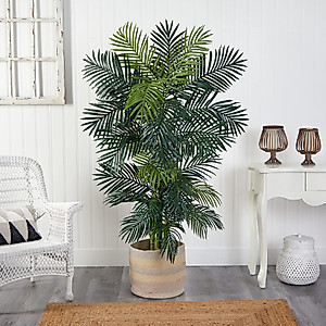 Nearly Natural 6.5ft. Golden Cane Artificial Palm Tree in Handmade Natural Cotton Multicolored Woven Planter