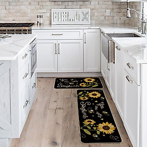 Artoid Mode Bee Sunflower Spring Kitchen Mats Set of 2, Summer You are My Sunshine Home Decor Low-Profile Kitchen Rugs for Floor - 17x29 and 17x47 Inch