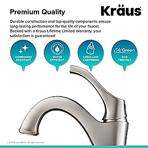 KRAUS KBF-1201SFS Arlo Single Handle Basin Bathroom Faucet with Lift Rod Drain and Deck Plate, Spot-Free All-Brite Stainless Steel