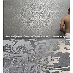 yaretzy Peel and Stick Wallpaper 3D Silver Grey Floral Modern Damask Removable Wallpaper Bedroom Embossed Sticky Self Adhesive Wallpaper 20.8inch x 118inch