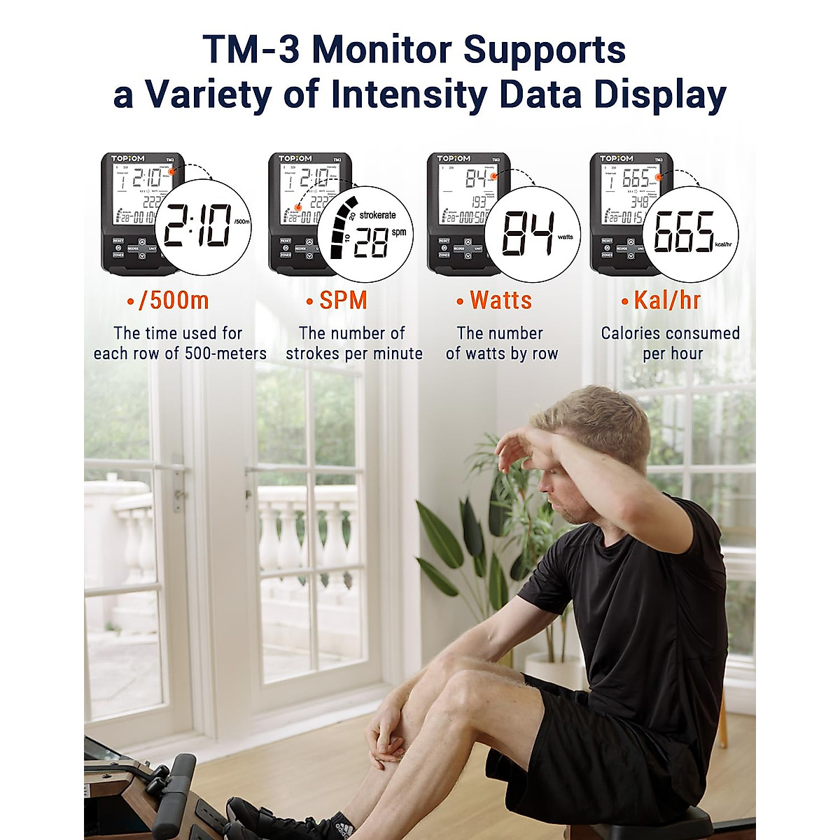 TOPIOM Water Rowing Machine with TM-3 Performance Monitor, 400 lbs Max Load, Oak Wood Rower Machine