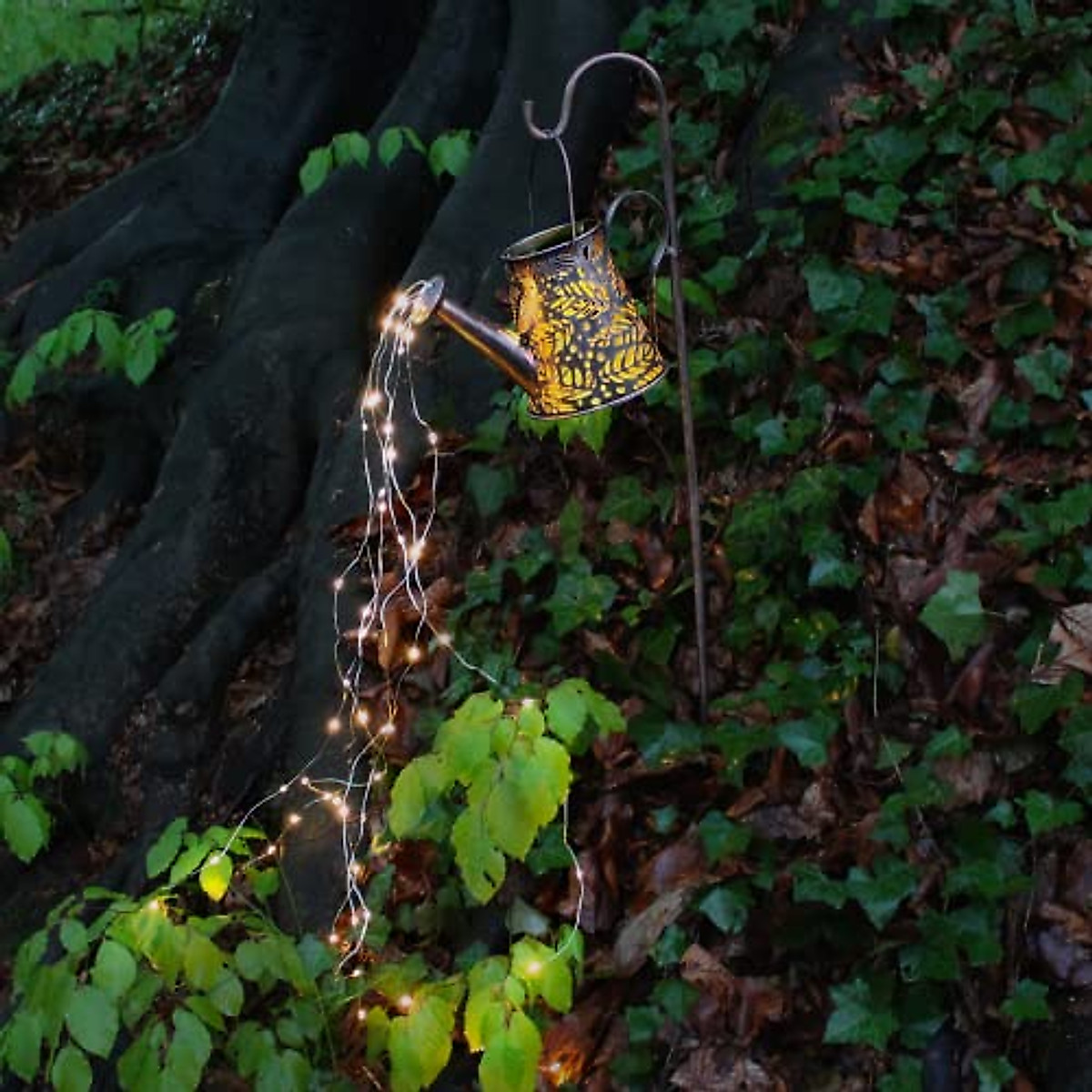 Solar Watering Can with Cascading Lights - Comes with Sheppard Hook, Waterproof Hanging Solar Lights Outdoor Decorative, Rustic Backyad Decor, Garden Decorations, Lantern Lights