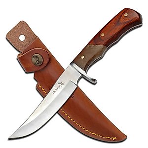 Elk Ridge - Outdoors Fixed Blade Knife, 9.5-in Overall, Satin Finish Stainless Steel Blade, 2 Tone burl Wood Handle, Genuine Leather Sheath, Hunting, Camping, Survival - ER-085