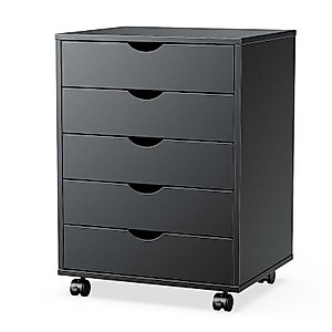 Sweetcrispy 5 Drawer Chest- Dressers Storage Cabinets Wooden Dresser Mobile Cabinet with Wheels Room Organizer Rolling Small Drawers Wood Organization Furniture for Office, Home, Black