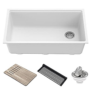 KRAUS Bellucci Workstation 32-inch Undermount Granite Composite Single Bowl Kitchen Sink in White with Accessories, KGUW1-33WH