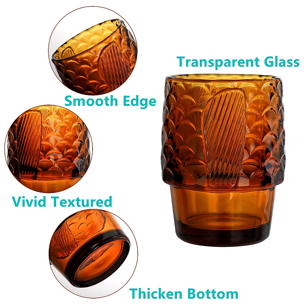 Frcctre Set of 4 Koi Fish Design Drinking Glasses, Stackable Amber Tumbler Glasses Beverage Cups Juice Tumblers Drinking Water Cups Nautical Glassware for Home, Party, Bar