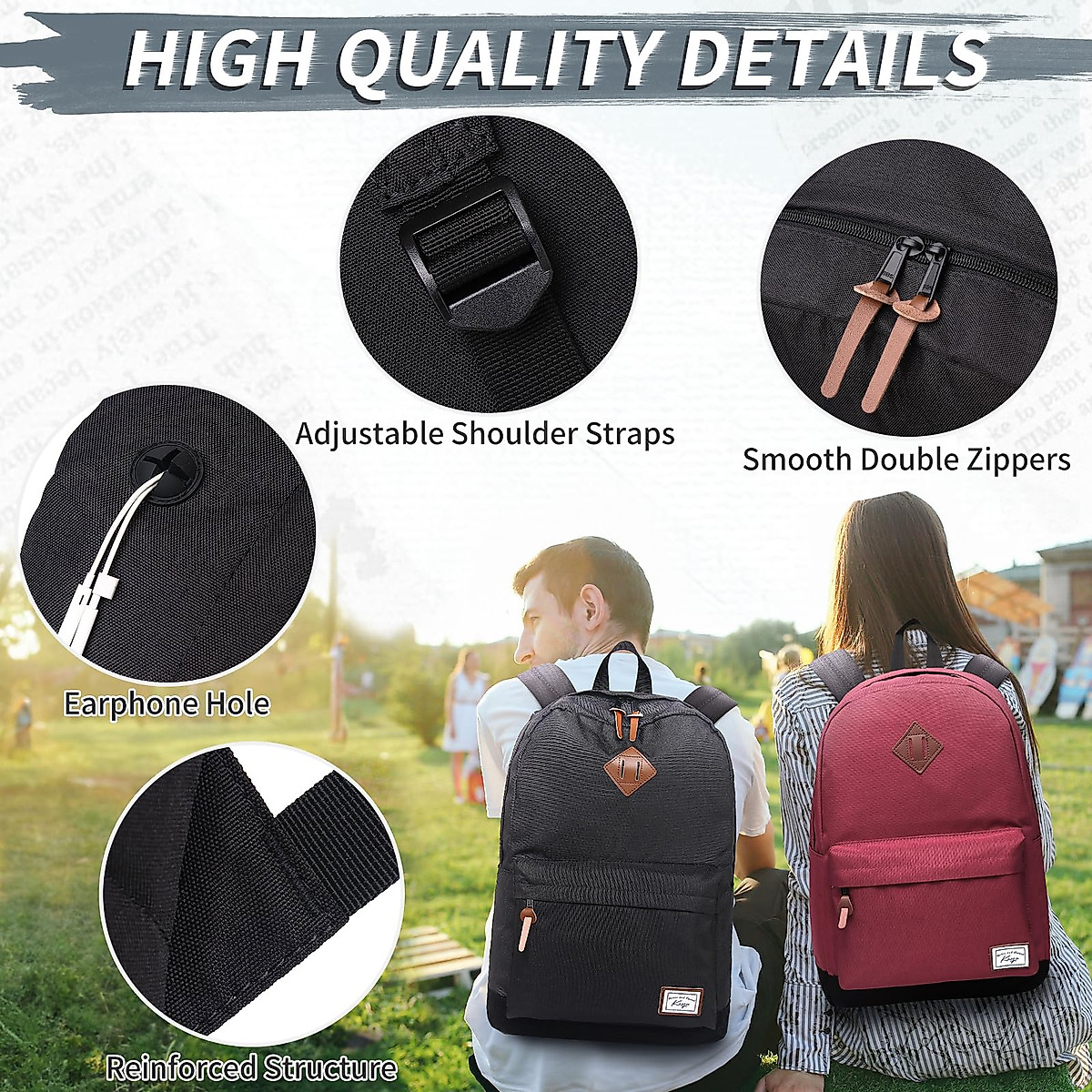 Kasqo School Backpack, Classic Lightweight 14 Inch Laptop Bookbag for Men Women Teens Girls Boys College, Red