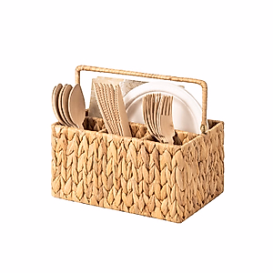 StorageWorks Wicker Flatware Organizer, Hand Woven Water Hyacinth Cutlery Holder for Countertop with Handle, 1 Pack